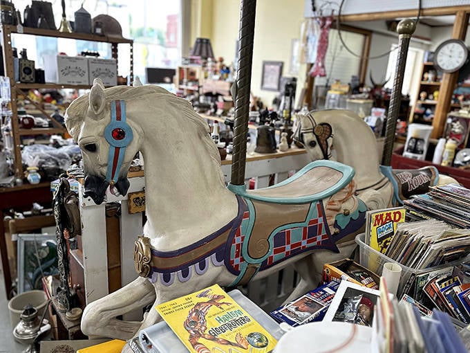 This vintage carousel horse seems ready to gallop off its display, carrying some lucky buyer back to the golden age of carnivals.