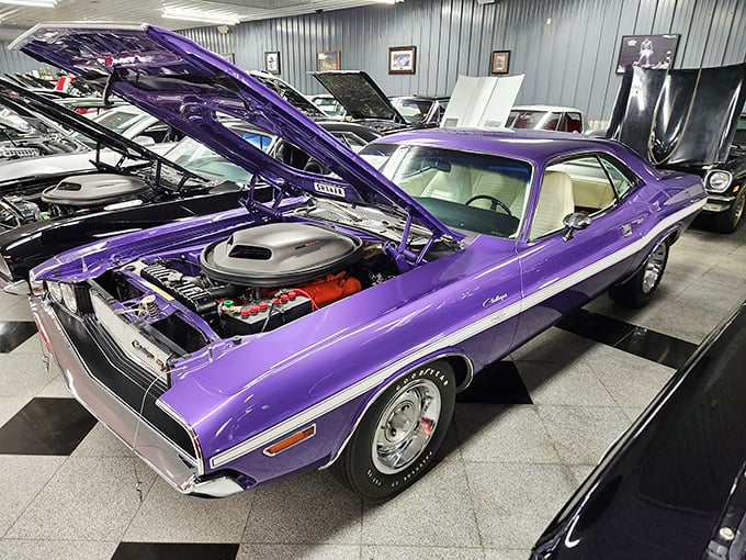 This purple monster looks ready to devour asphalt, with an engine compartment so clean you could serve dinner on it.