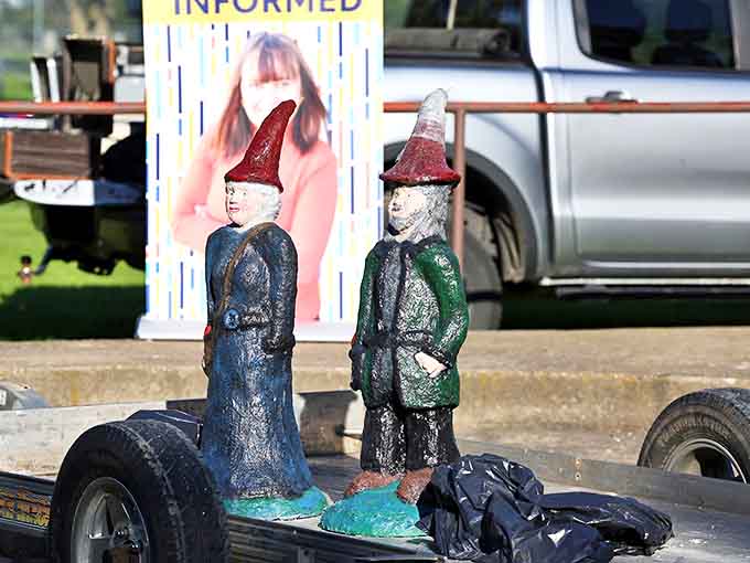 These handcrafted gnome figures represent the artistic talent in Dawson, where residents create unique characters with distinct personalities.