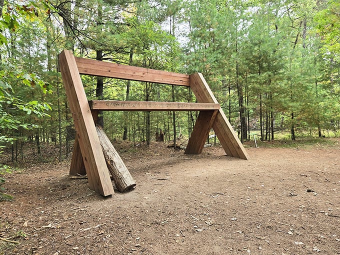 A wooden portal to nowhere and everywhere! Like a picture frame for Mother Nature's masterpiece, inviting you to step through and see the forest anew.