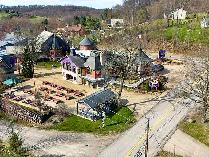 From above, the distinctive buildings and surrounding vineyards create a European postcard scene that happens to be in Ohio.