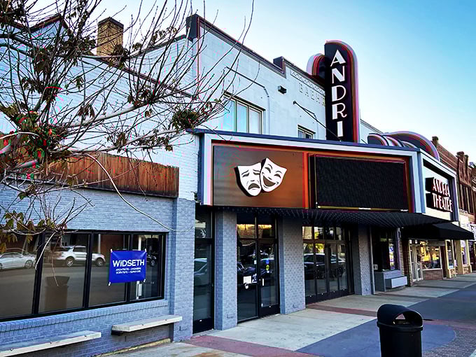The Andria Theatre's classic marquee lights up Broadway, promising entertainment that rivals big-city productions in this small-town cultural hub.