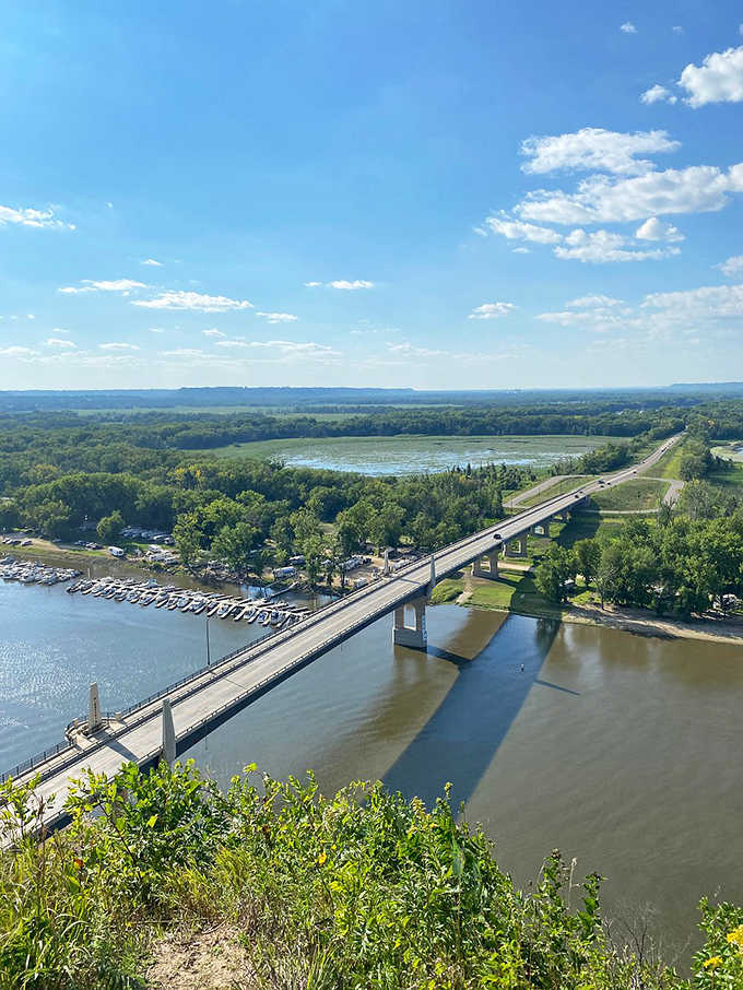 The industrial heritage of Red Wing contrasts beautifully with natural splendor, as seen from this eagle's-eye perspective atop Barn Bluff.