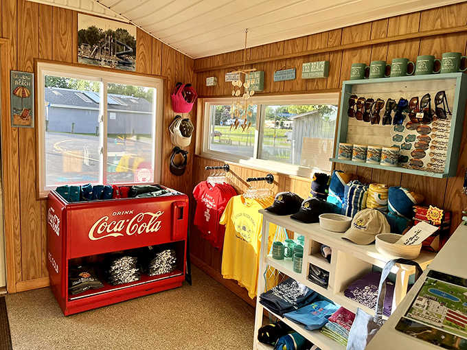 The charming merchandise shop with its vintage Coca-Cola cooler – where affordable souvenirs preserve summer memories all year long.