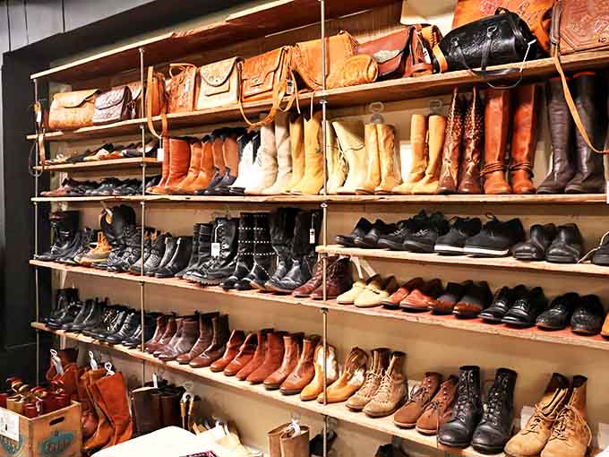 A leather lover's dream collection &ndash; rows of perfectly worn-in vintage boots and shoes that have already proven their staying power.