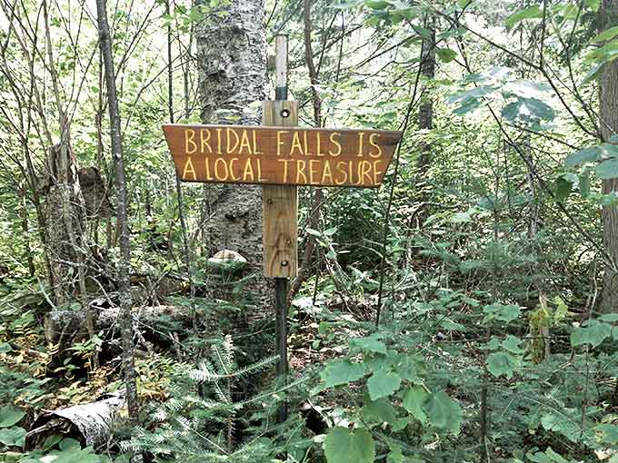 A handcrafted sign states the obvious with Midwestern understatement &ndash; this waterfall isn't just local, it's a treasure worth protecting.