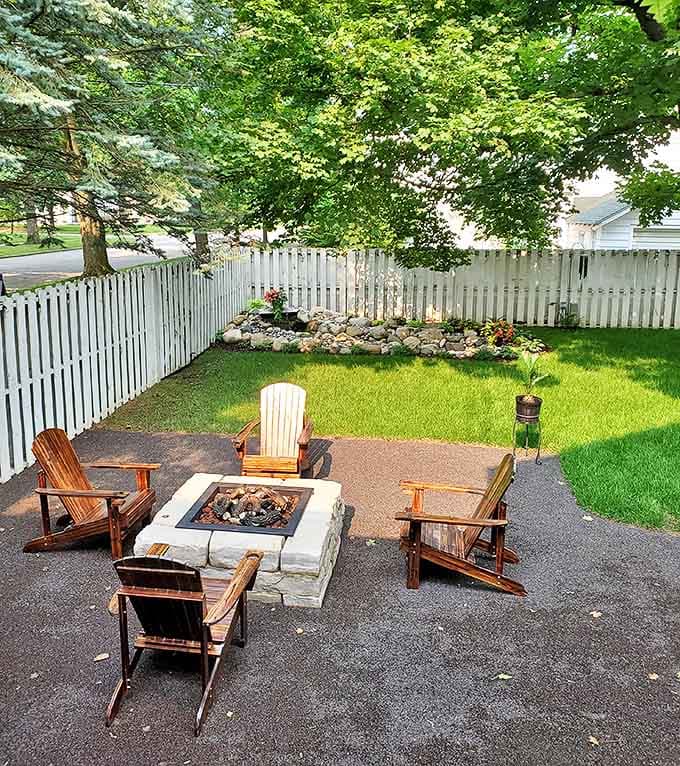 Campfire: Modern convenience meets timeless tradition at this stone fire pit, where marshmallows toast and conversation flows under Michigan stars.