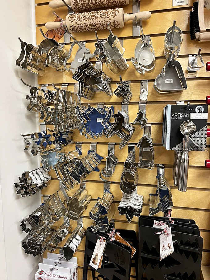 Cookie cutters hanging like metallic jewelry, each shape promising sweet treats with a distinctive Nordic flair.