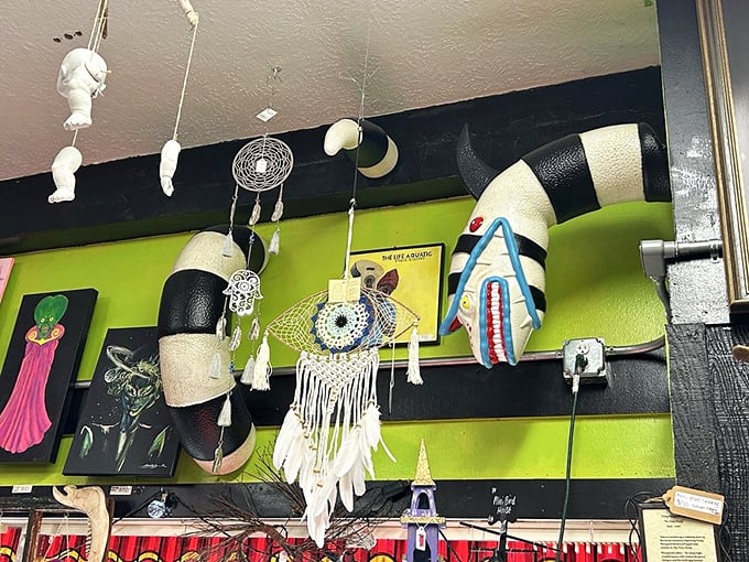 The walls showcase skeleton-themed artwork that celebrates Day of the Dead aesthetics, proving that death doesn't have to be depressing when it's this colorful.