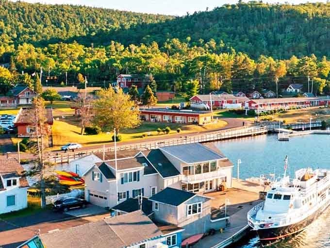 Copper Harbor: Where civilization meets wilderness at Michigan's northernmost outpost, with charming waterfront views and boats bobbing in the harbor.