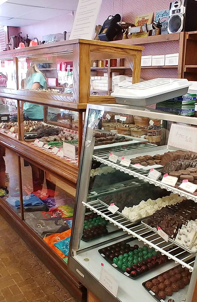 The service counter features vintage charm and modern candy-making equipment, bridging generations of sugar craftsmanship.