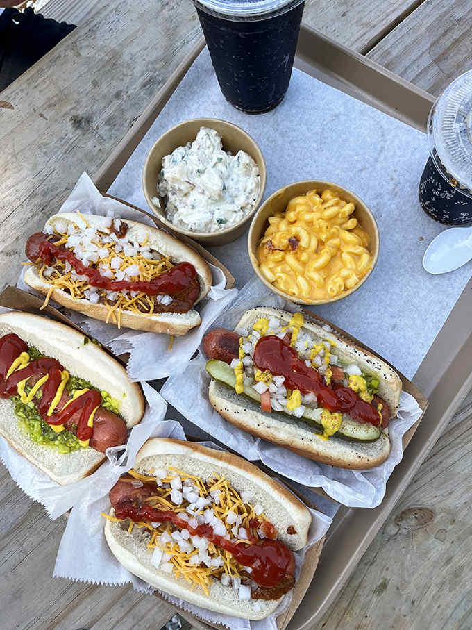 A feast fit for royalty &ndash; various hot dogs flanked by creamy mac & cheese and potato salad, all awaiting their moment of glory.