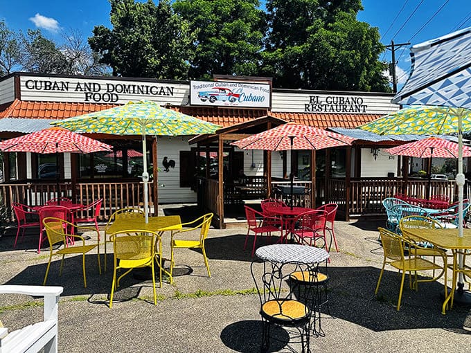 Colorful umbrellas and vibrant seating create a cheerful Caribbean oasis that feels worlds away from Minnesota's typical restaurant scene.