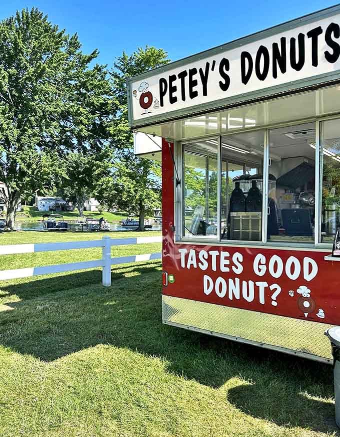 Petey's red food truck brings joy to lakeside locations, where donuts taste even better with a side of natural beauty.