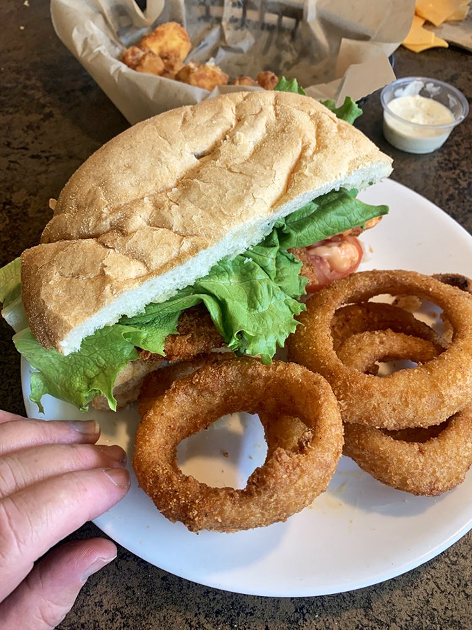 A perfect cross-section reveals the glorious layers of this masterpiece. The lettuce is just there to make you feel better about your choices.