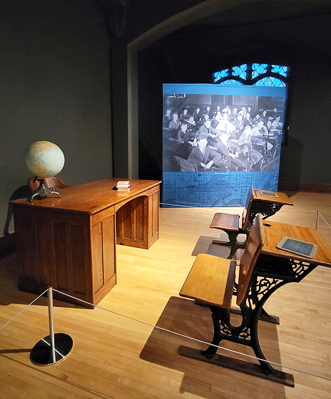 The classroom recreation transports visitors to school days of yesteryear, when discipline was strict and smartphones were inconceivable science fiction.