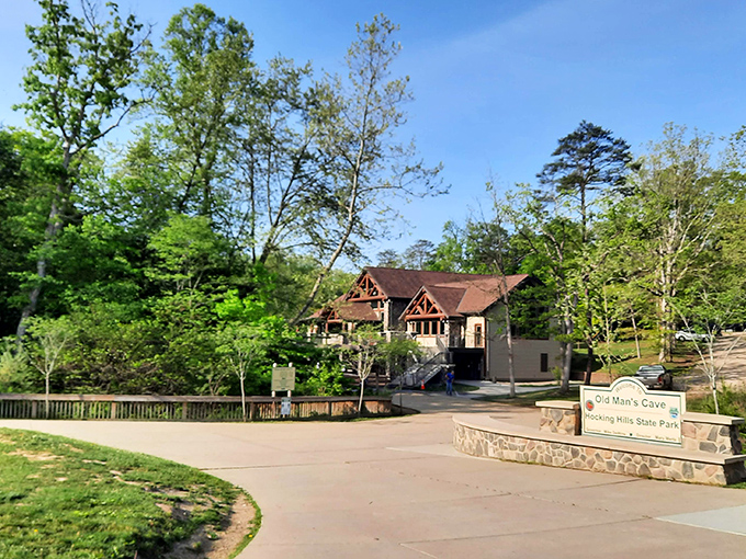 The Visitor Center blends seamlessly into its woodland setting, like a luxury cabin that happens to contain park rangers.