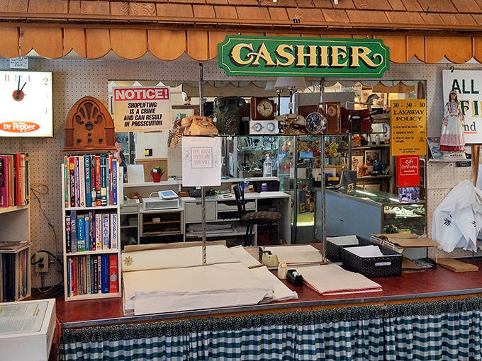 The cashier area, complete with vintage signage, serves as command central for this time-traveling expedition into America's material past.