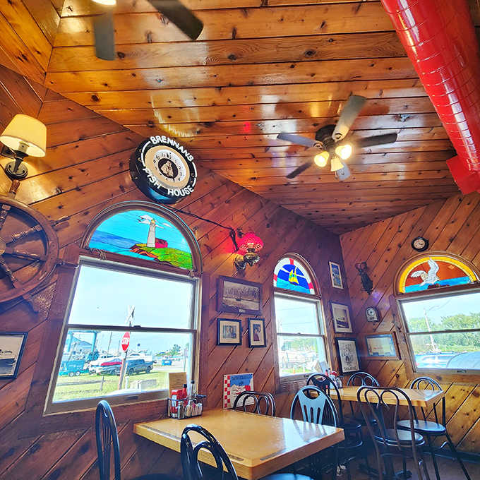 Wooden ceiling beams and stained glass windows create an atmosphere where time slows down and conversations flow as freely as the drinks.