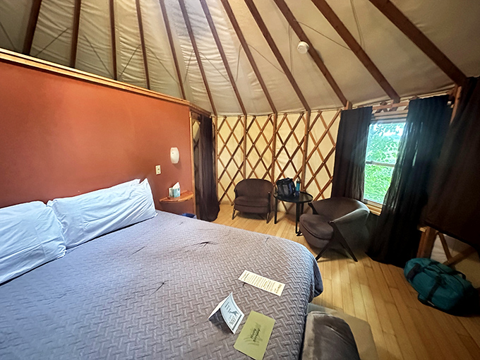 Inside the yurt, rustic luxury awaits with comfortable furnishings that make you forget you're essentially in a very sophisticated tent.