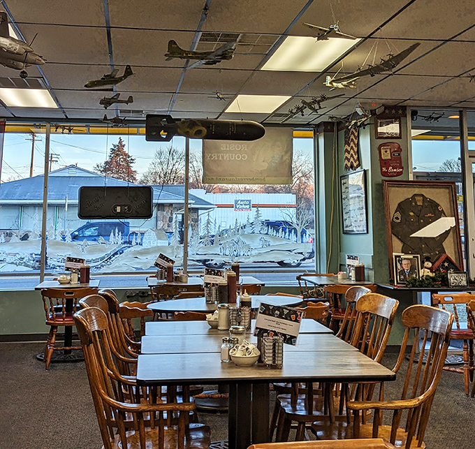 Model aircraft suspended from the ceiling create an aviation museum above your head &ndash; breakfast with a side of history.