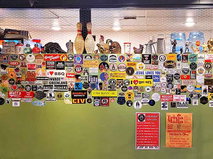 A colorful collage of visitors past &ndash; each sticker a story, each story adding to the restaurant's quirky charm.