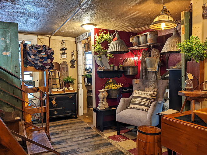 Farmhouse chic before it was trendy &ndash; weathered wood, galvanized metal, and practical beauty fill this corner dedicated to rural Americana.
