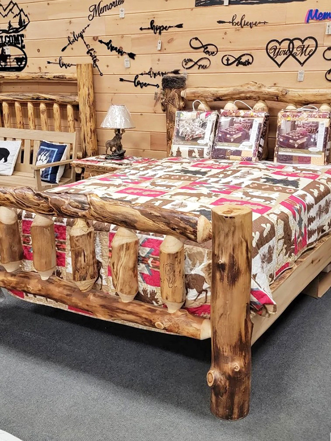 A rustic log bed showcases Amish craftsmanship at its finest &ndash; this isn't furniture, it's a family heirloom waiting to happen.