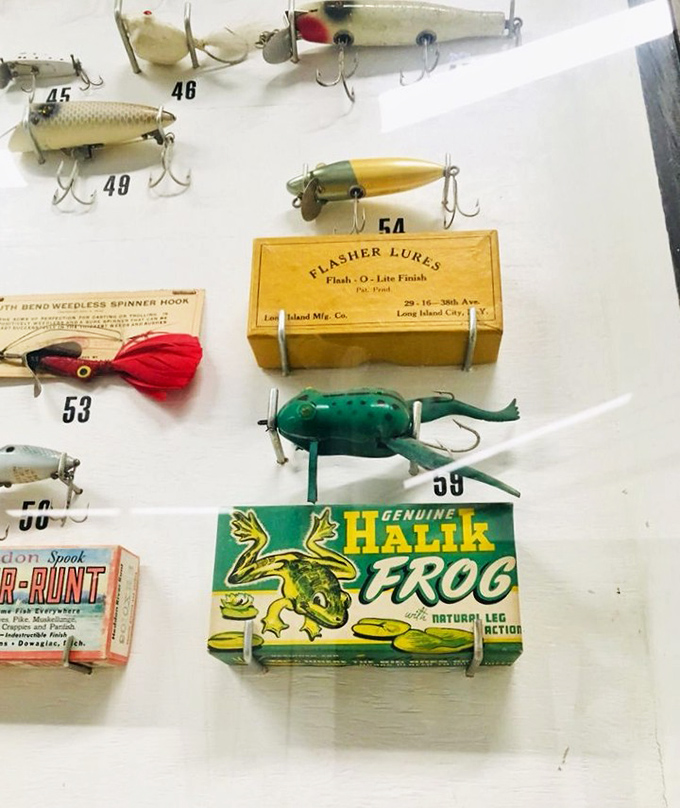 Vintage fishing lures displayed in the museum showcase the artistry and innovation behind these miniature fish deceivers.