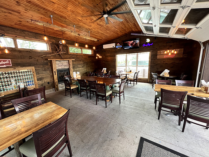 The rustic dining room at King's Place offers a warm, welcoming atmosphere where burger memories are made.