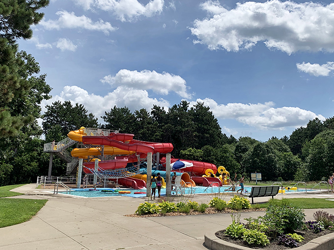 A symphony of slides where gravity does all the work while you provide the screaming soundtrack.