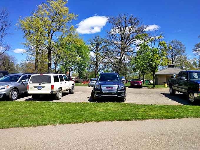 Modern vehicles wait patiently while their owners time-travel through Michigan's past &ndash; the ultimate parking lot paradox.
