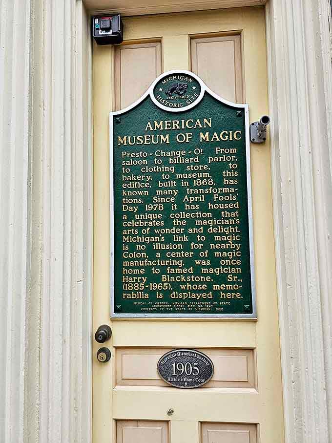 History meets mystery on this official Michigan Historic Site plaque. The building's many transformations mirror the very illusions celebrated inside.
