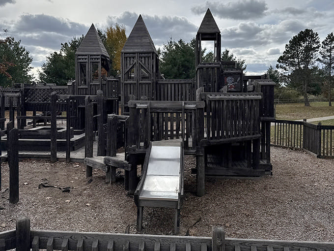 This weathered playground invites imaginative play against a backdrop of natural splendor &ndash; childhood as it was meant to be.