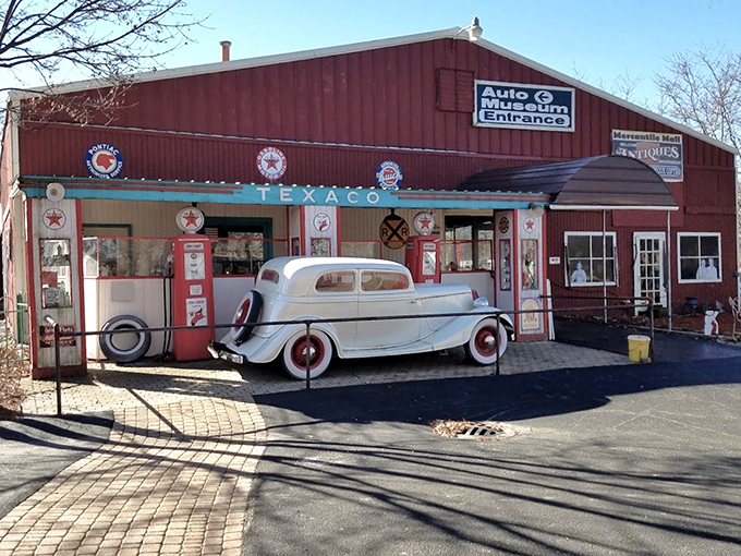 The Volo Auto Museum entrance recreates a classic Texaco station &ndash; automotive nostalgia at its finest with vintage pumps and period-perfect details.