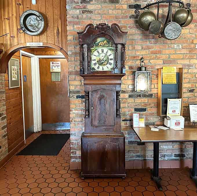 Even the grandfather clock adds to the timeless charm, standing guard and reminding everyone that good food is always worth taking your time to enjoy.