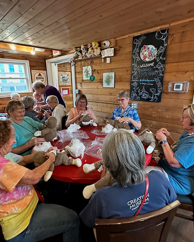 Nimble fingers bring new sock monkeys to life during one of the museum's popular crafting sessions.