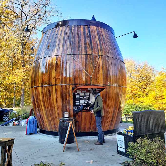 The barrel stands sentinel against a backdrop of autumn foliage &ndash; proving this wooden wonder is a multi-season attraction worth visiting.