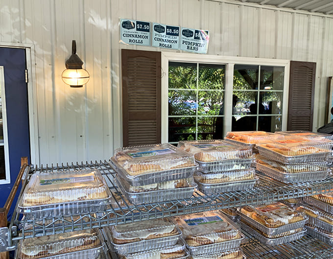 Fresh baked goods stacked and ready outside the bakery doors, because sometimes the best things can't wait.