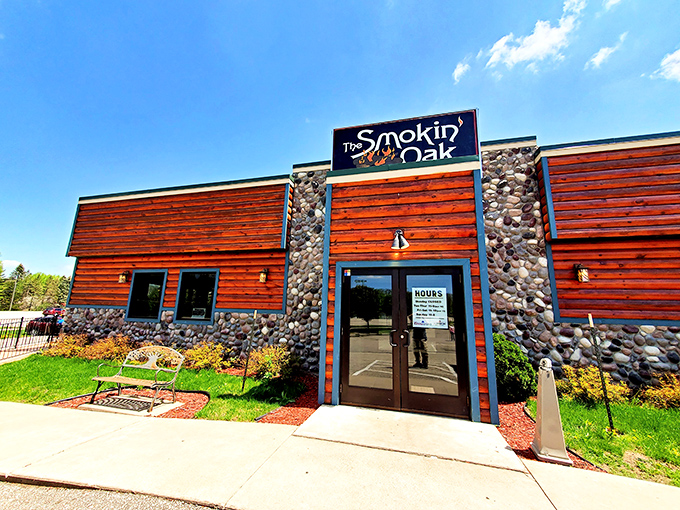 The Smokin' Oak's rustic stone and wood exterior hints at the mouthwatering barbecue waiting inside this local favorite restaurant.