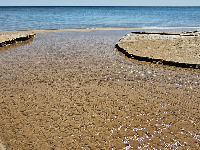 Crystal-clear waters reveal the sandy bottom below, inviting swimmers to take the plunge into Lake Michigan's refreshing embrace.