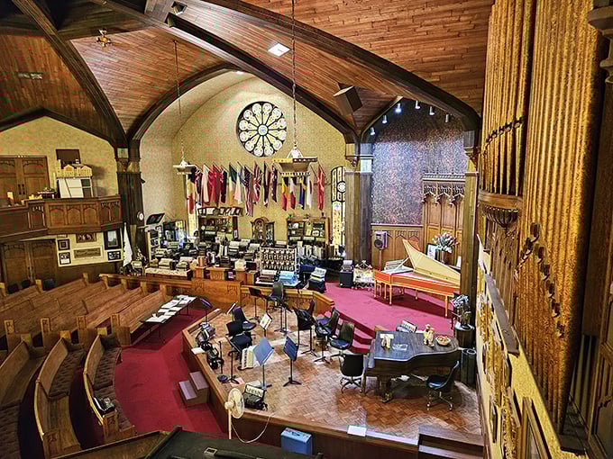 From the balcony view, the former church sanctuary reveals its new life as a temple to the accordion, complete with performance space.