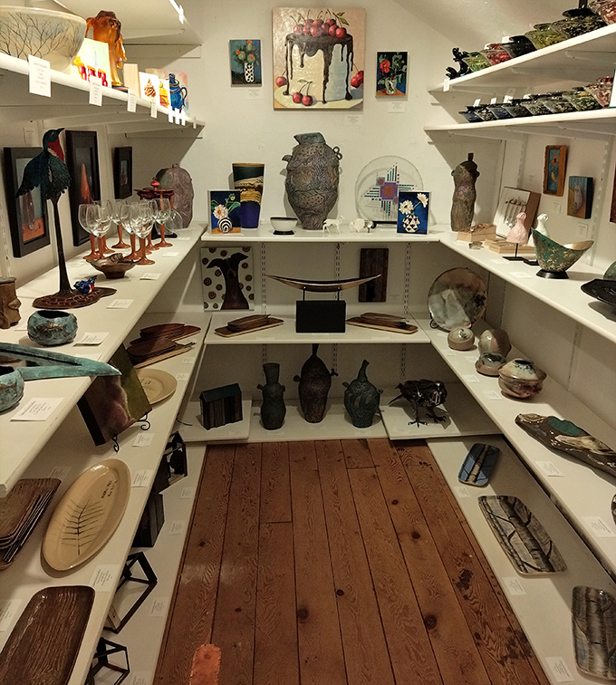 Inside the gallery, carefully curated displays showcase the diversity of artistic expression &ndash; from functional pottery to abstract sculpture.