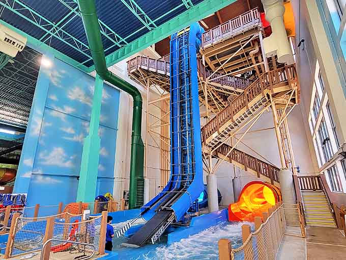 Engineering meets entertainment as the massive blue slide structure dominates the waterpark landscape, promising heart-racing descents for thrill-seekers.