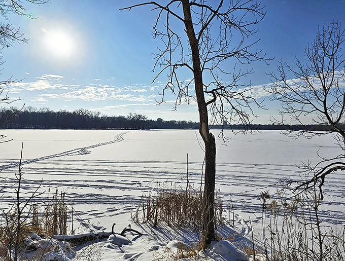 Winter casts its crystalline spell over Cedar Lake, transforming liquid playground into a snow-covered canvas marked by adventurous footprints and endless possibility.