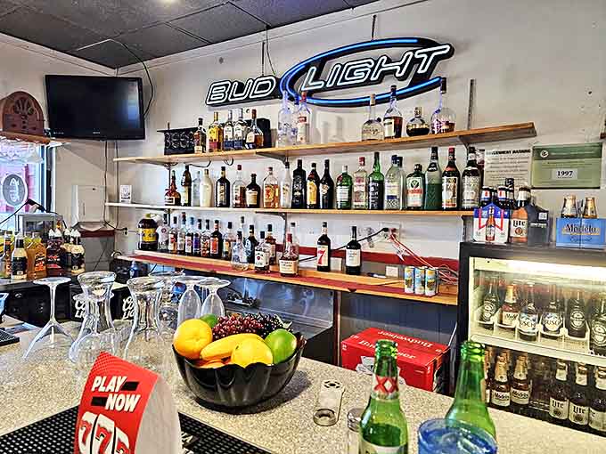 The well-stocked bar area invites patrons to linger, where strangers become friends over shared stories and second rounds.