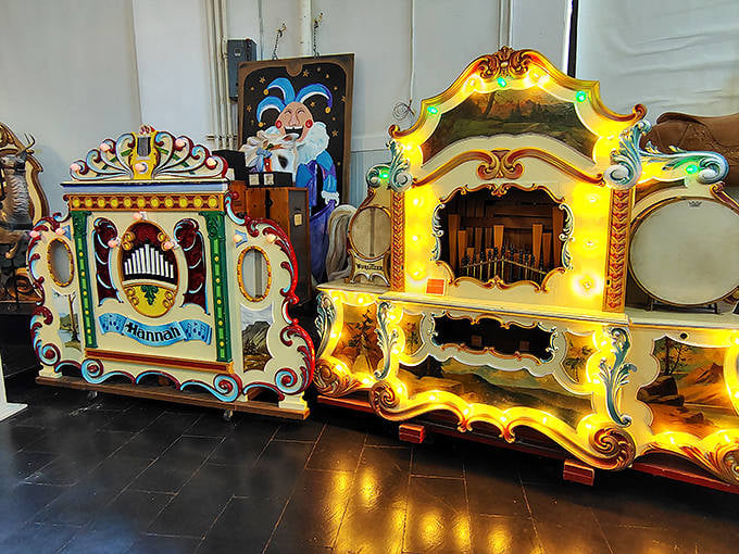 These ornate Wurlitzer band organs once provided the soundtrack to America's carousel rides, their painted facades as elaborate as the music they produced.