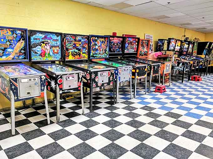 Vintage pinball machines stand at attention, ready to transport players back to a pre-digital era of entertainment.