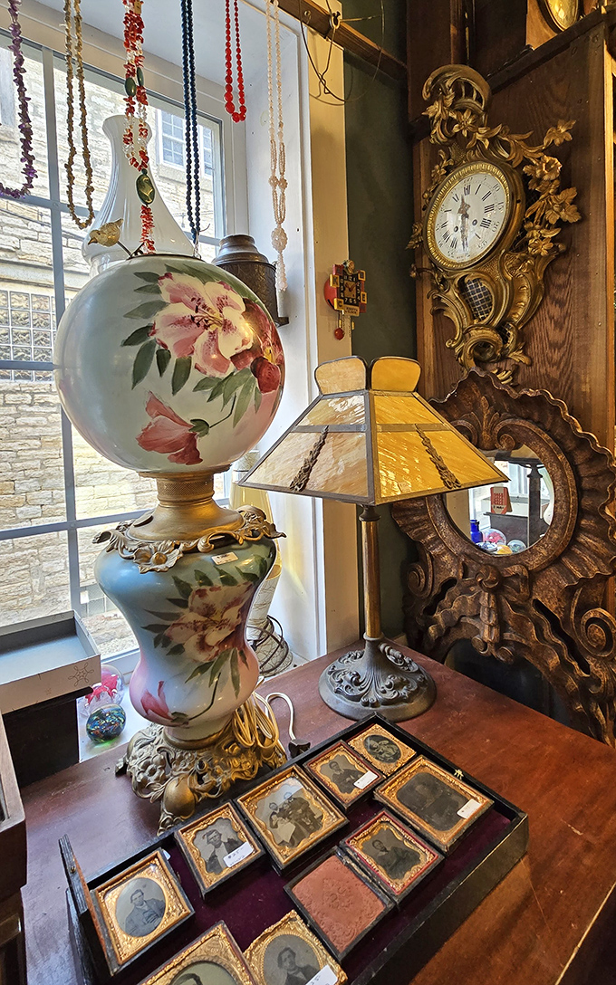 Antique timepieces tick alongside delicate porcelain lamps – proving beautiful things never truly go out of style, they just become treasures.