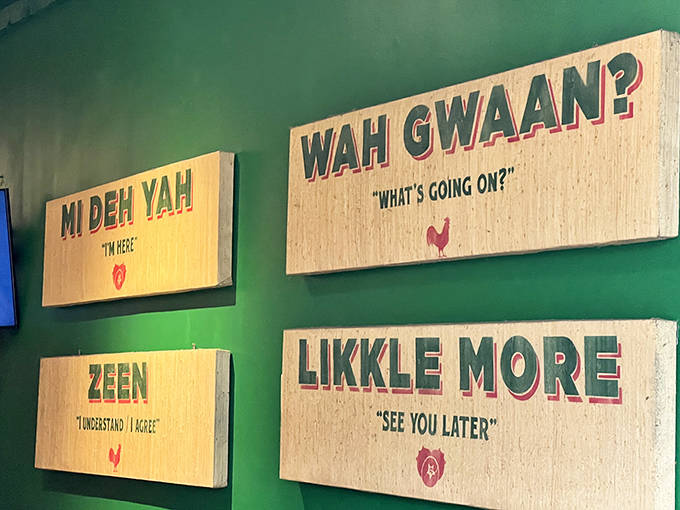 A crash course in Jamaican Patois adorns the walls &ndash; "WAH GWAAN?" isn't just decoration, it's your first lesson in island communication.